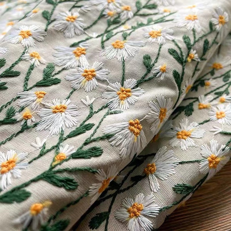 Daisy Linen Embroiderd Fabric,embroidered Daisy Fabric,floral Fabric ...