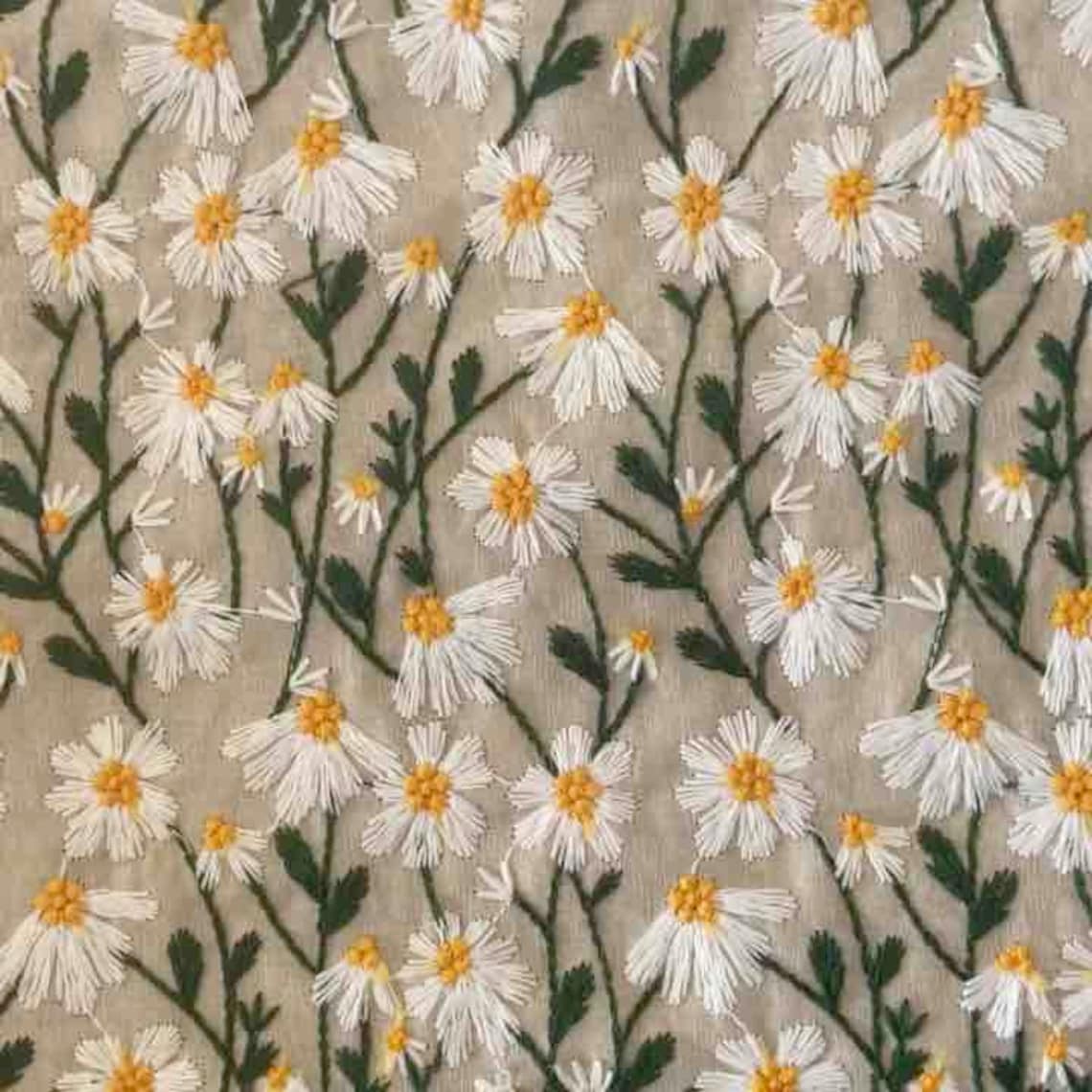 Linen Daisy Embroiderd Cotton Fabricfloral Embroidered - Etsy