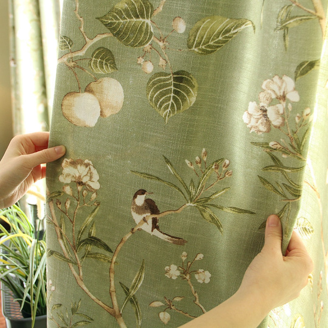 Green Floral Linen Cotton Fabric,floral Curtain Fabric,print Bird ...