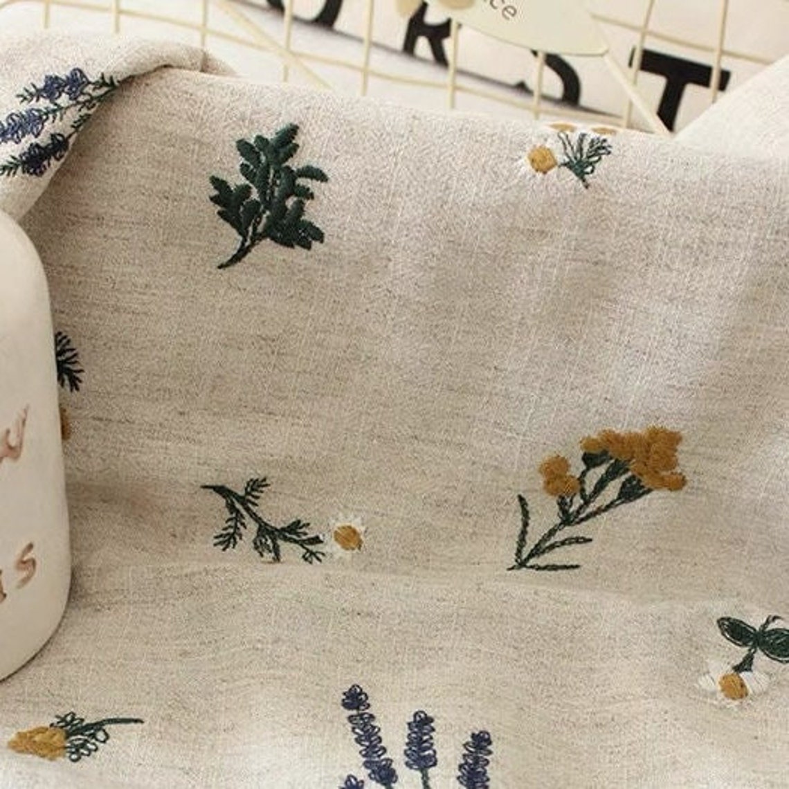 Floral Linen Embroidered Fabricplant Embroidered - Etsy