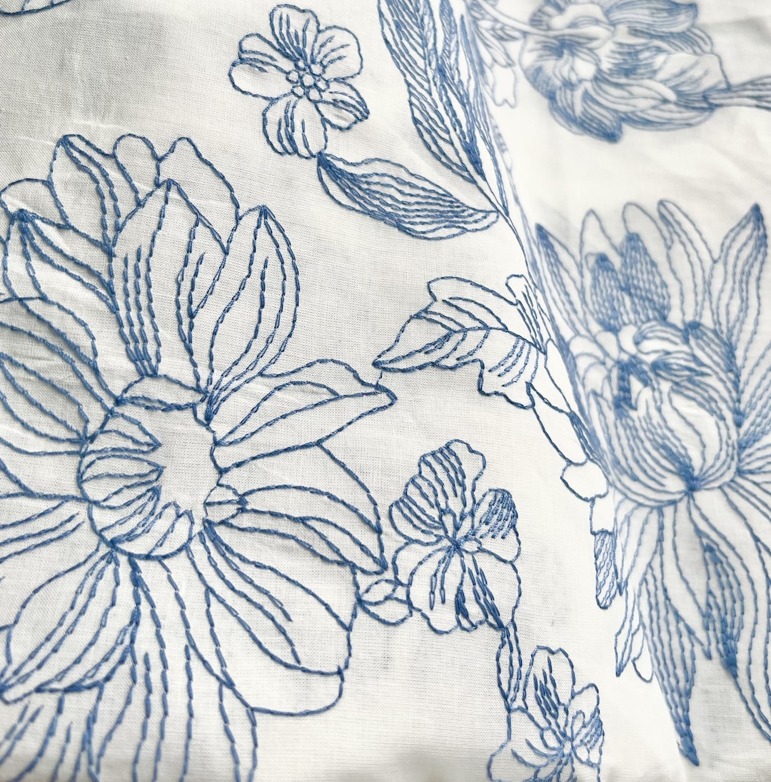 Blue and White Floral Cotton Fabric,embroidered Floral Fabric ...