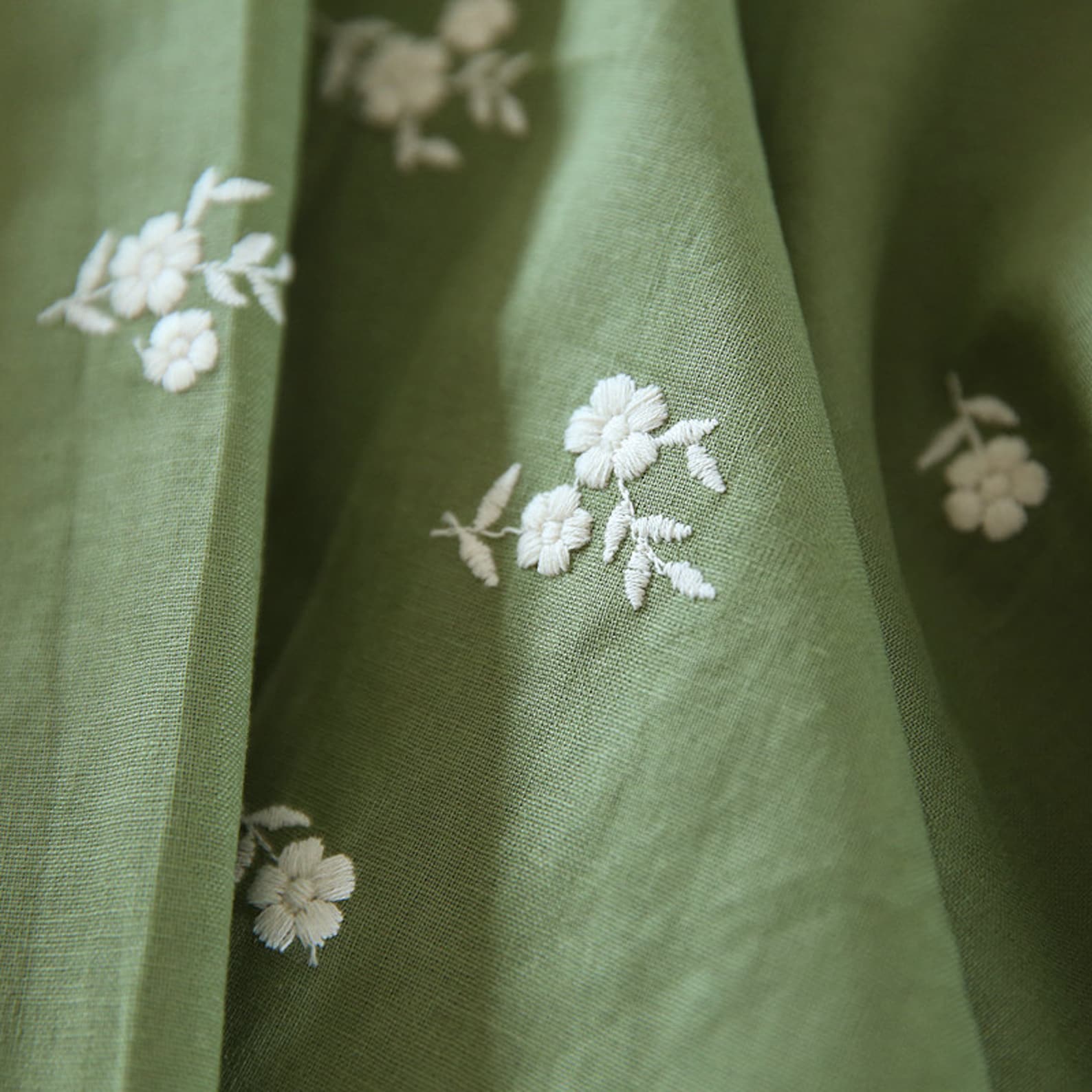 Green Floral Linen Fabricembroidered Fabricflower Linen - Etsy