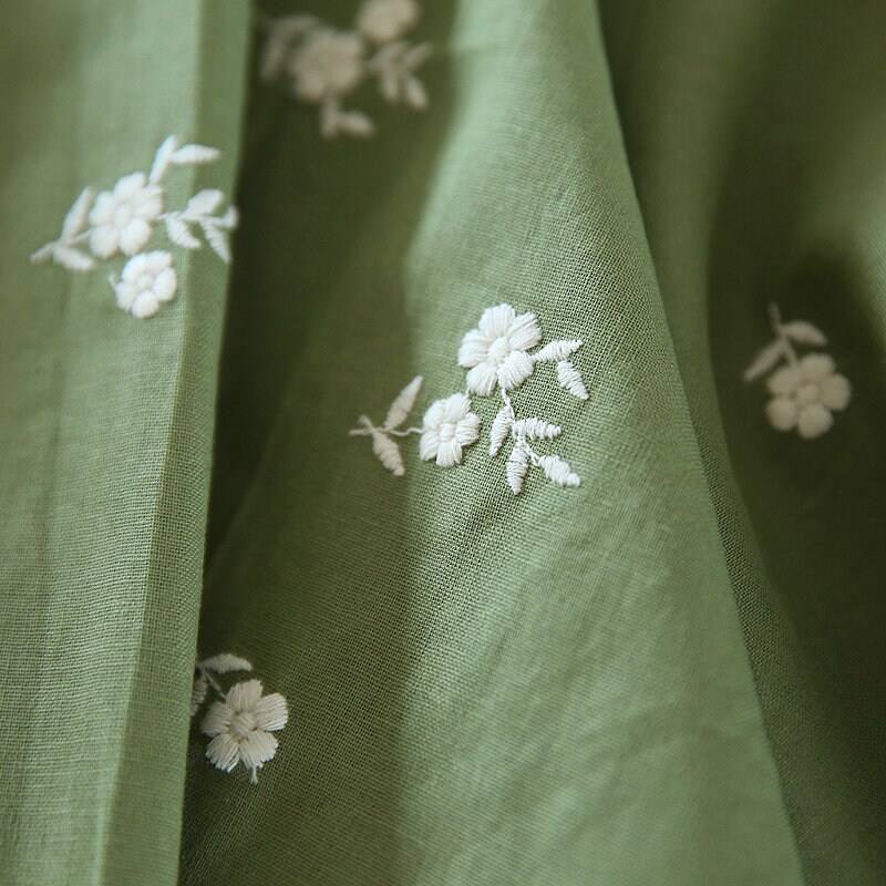 Green Floral Linen Fabricembroidered Fabricflower Linen - Etsy