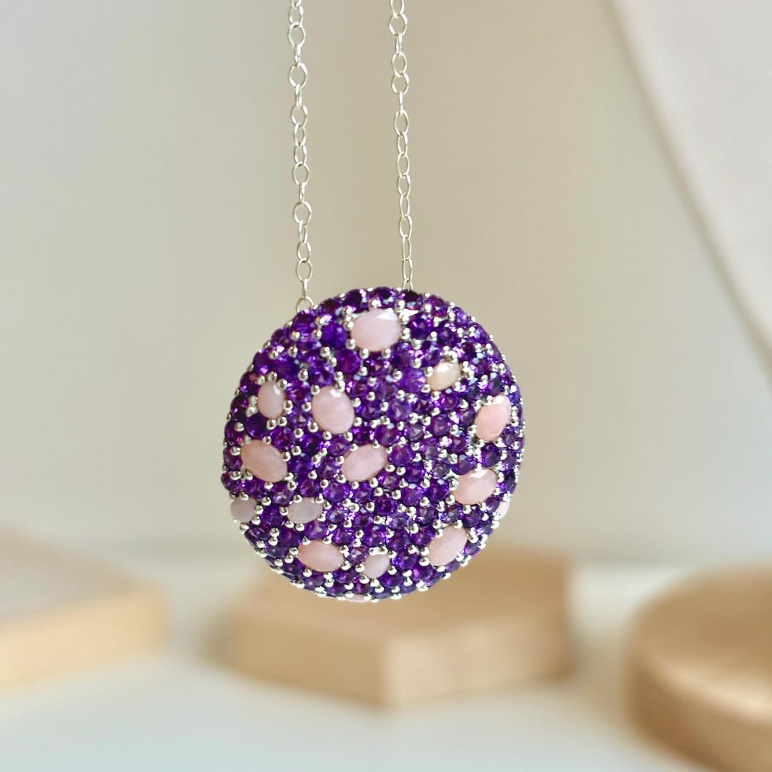 Pink Opal & Amethyst Necklace,925 Sterling Silver, Handmade Gemstone ...