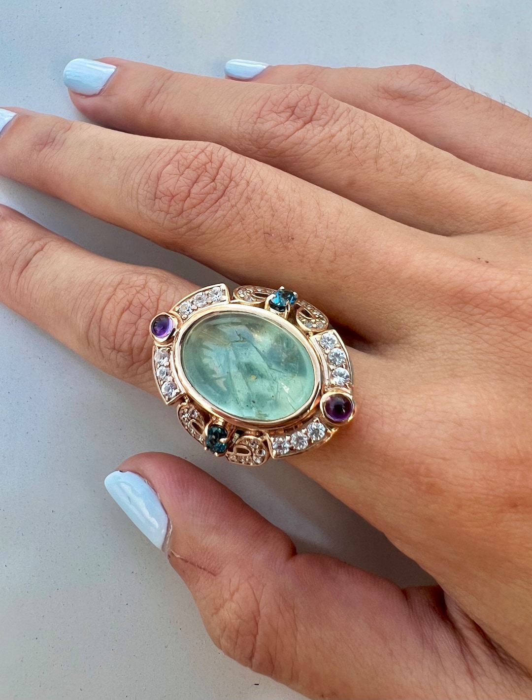 Estate Jewelry Large 14.5 Carat Aquamarine Cabochon Ring, Gold Vermeil ...