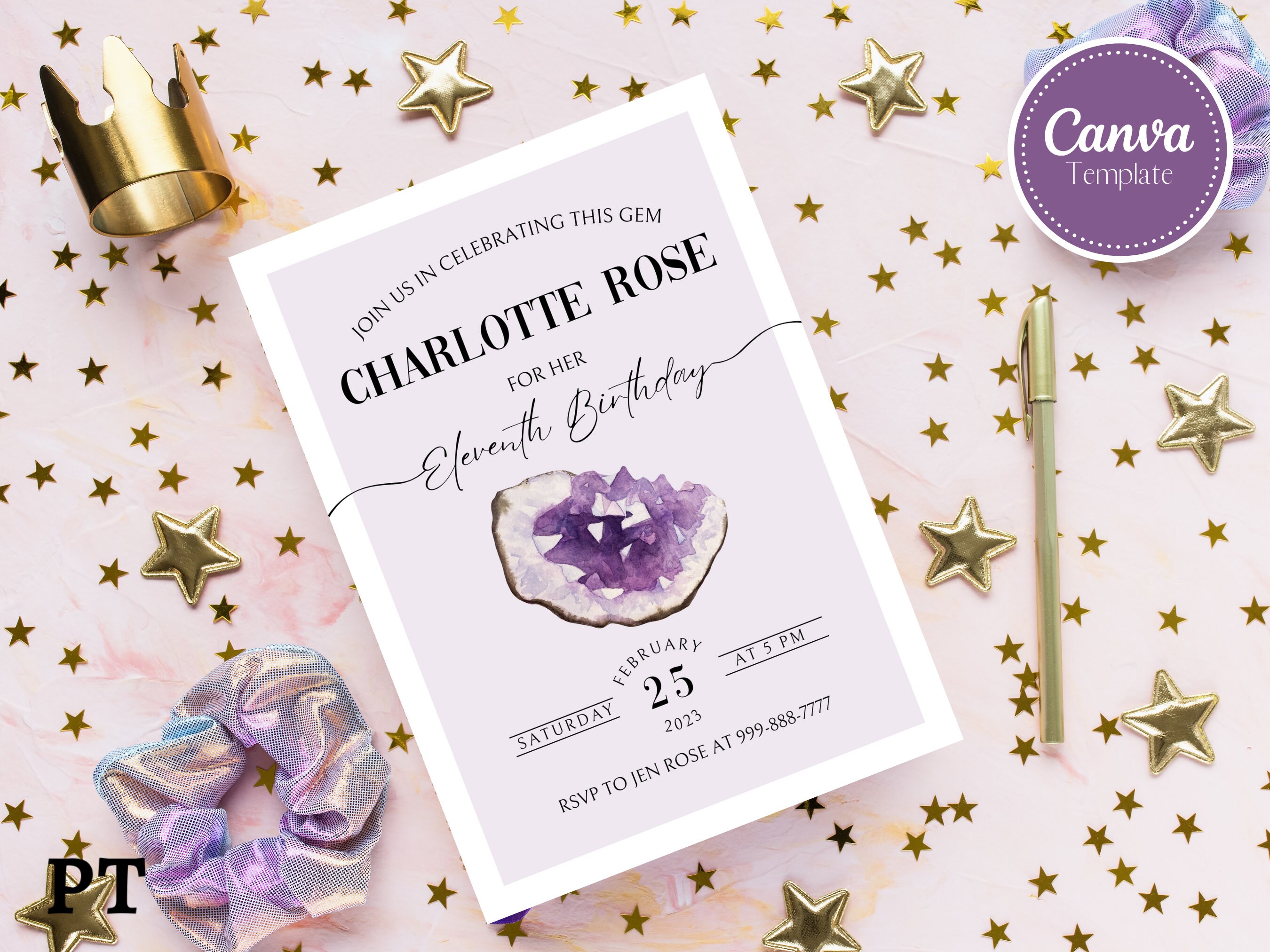 Editable Gemstone Birthday Invitation, Girl's Birthday Invitation ...
