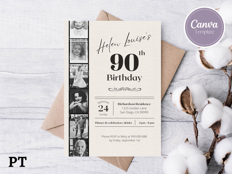 Editable 90th Birthday Invitation With Photos, 90th Birthday Invite ...