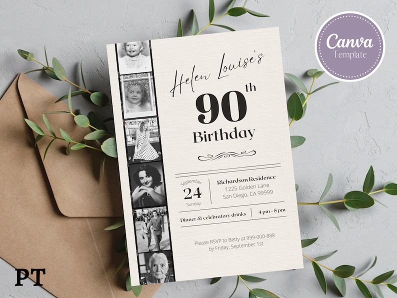 Editable 90th Birthday Invitation With Photos, 90th Birthday Invite ...