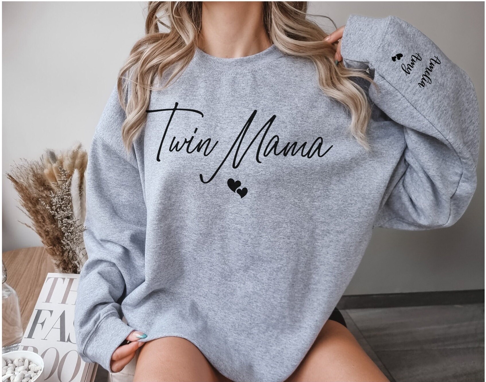 Custom Twin Mama Sweatshirt With Kids Names on the Sleeve,personalized ...
