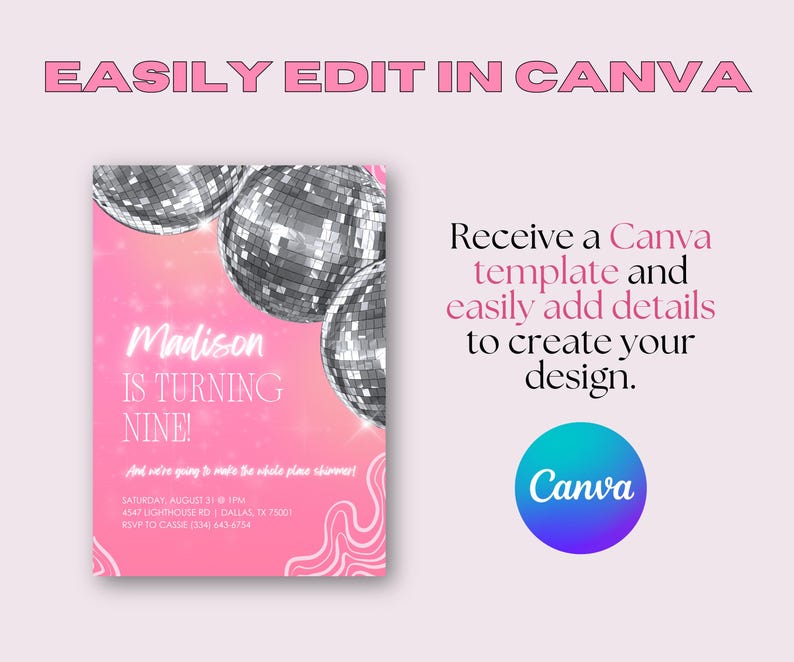Customizable Disco Birthday Invitation Digital Template for Canva ...