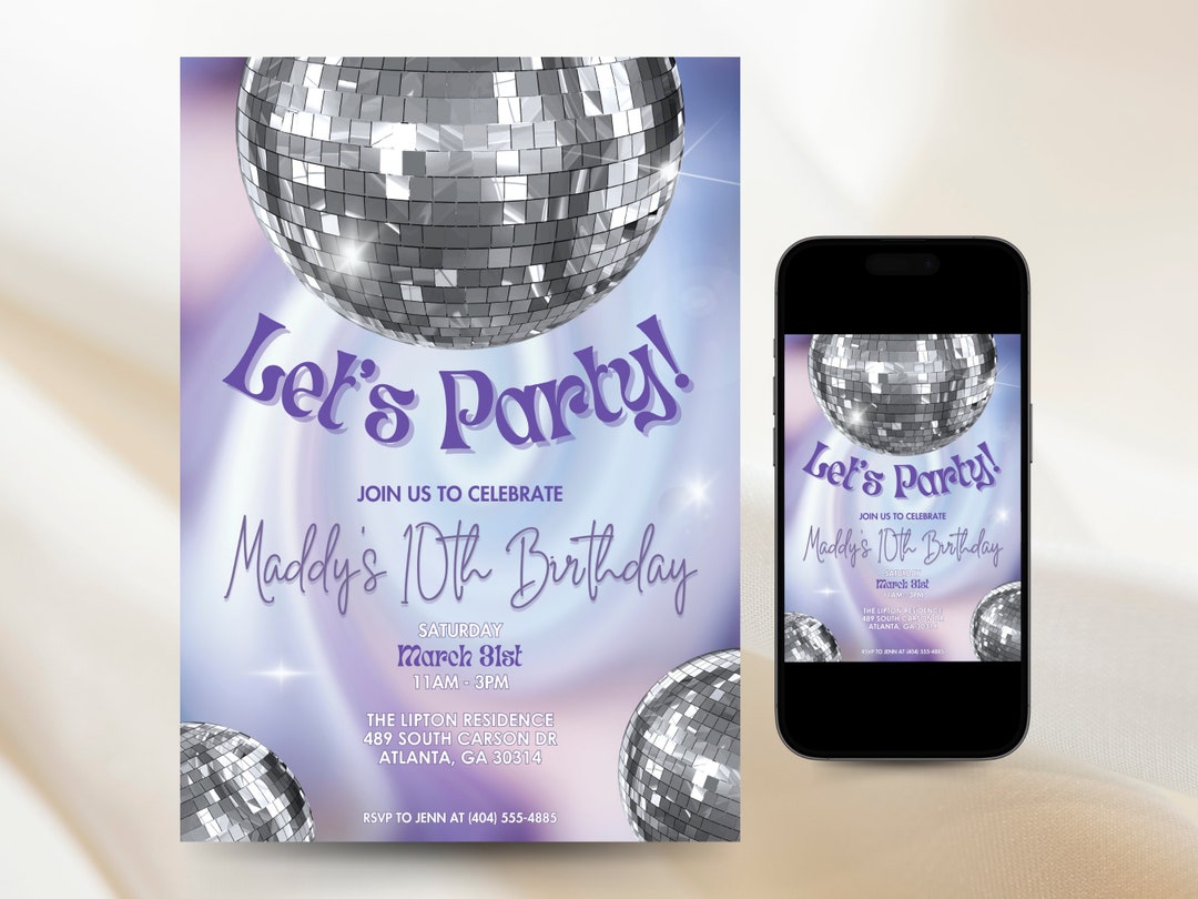 Editable Purple Disco Birthday Party Invitation Template | Retro ...