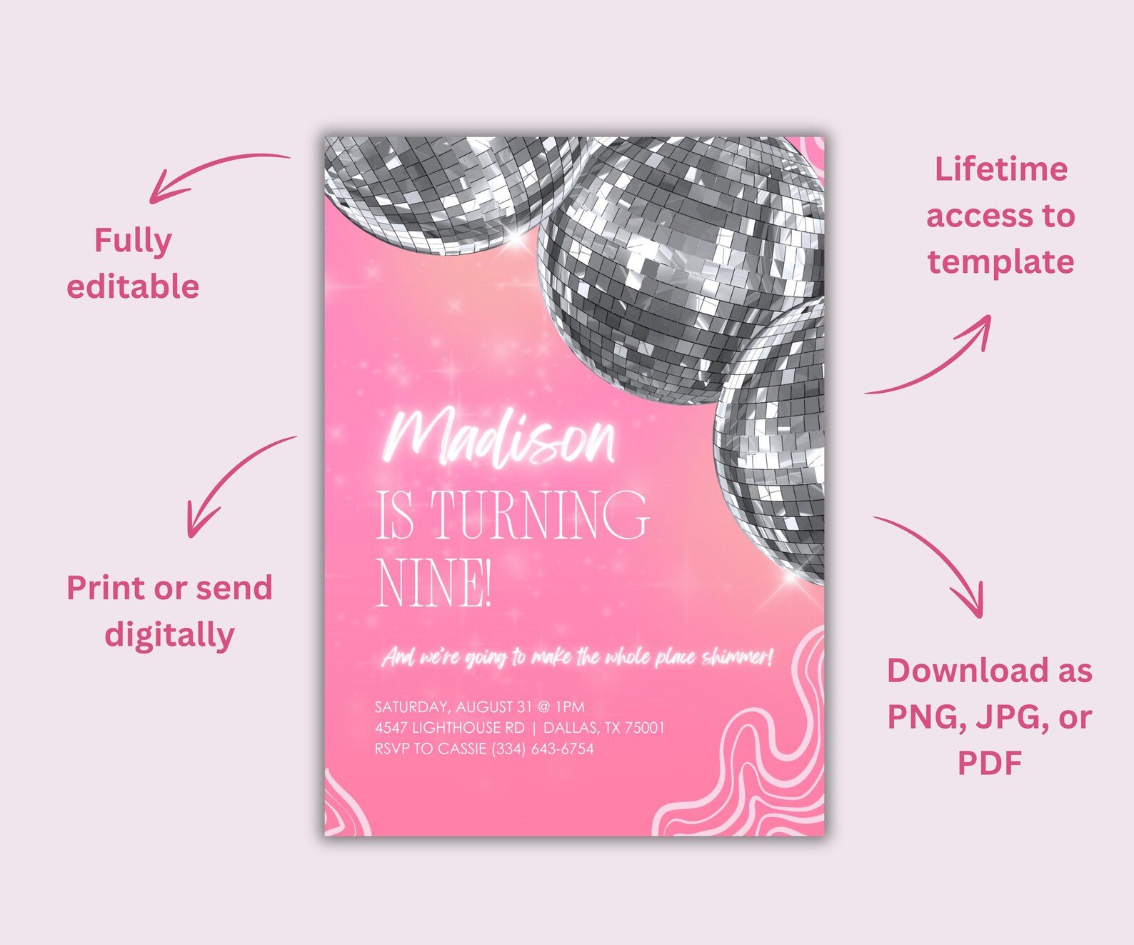 Customizable Disco Birthday Invitation Digital Template for Canva ...