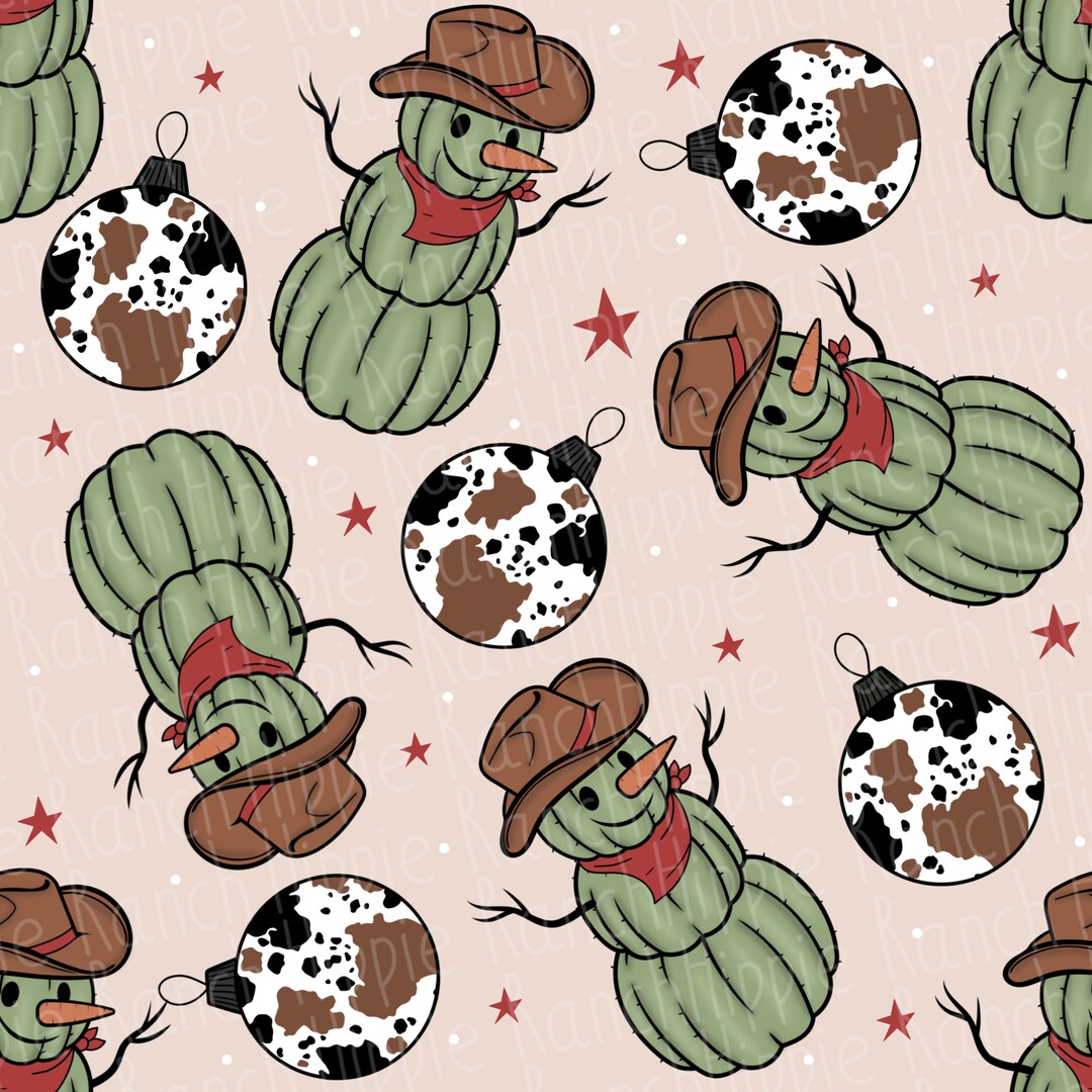 Western Christmas Seamless Pattern. Cactus Snowman Png. Digital ...