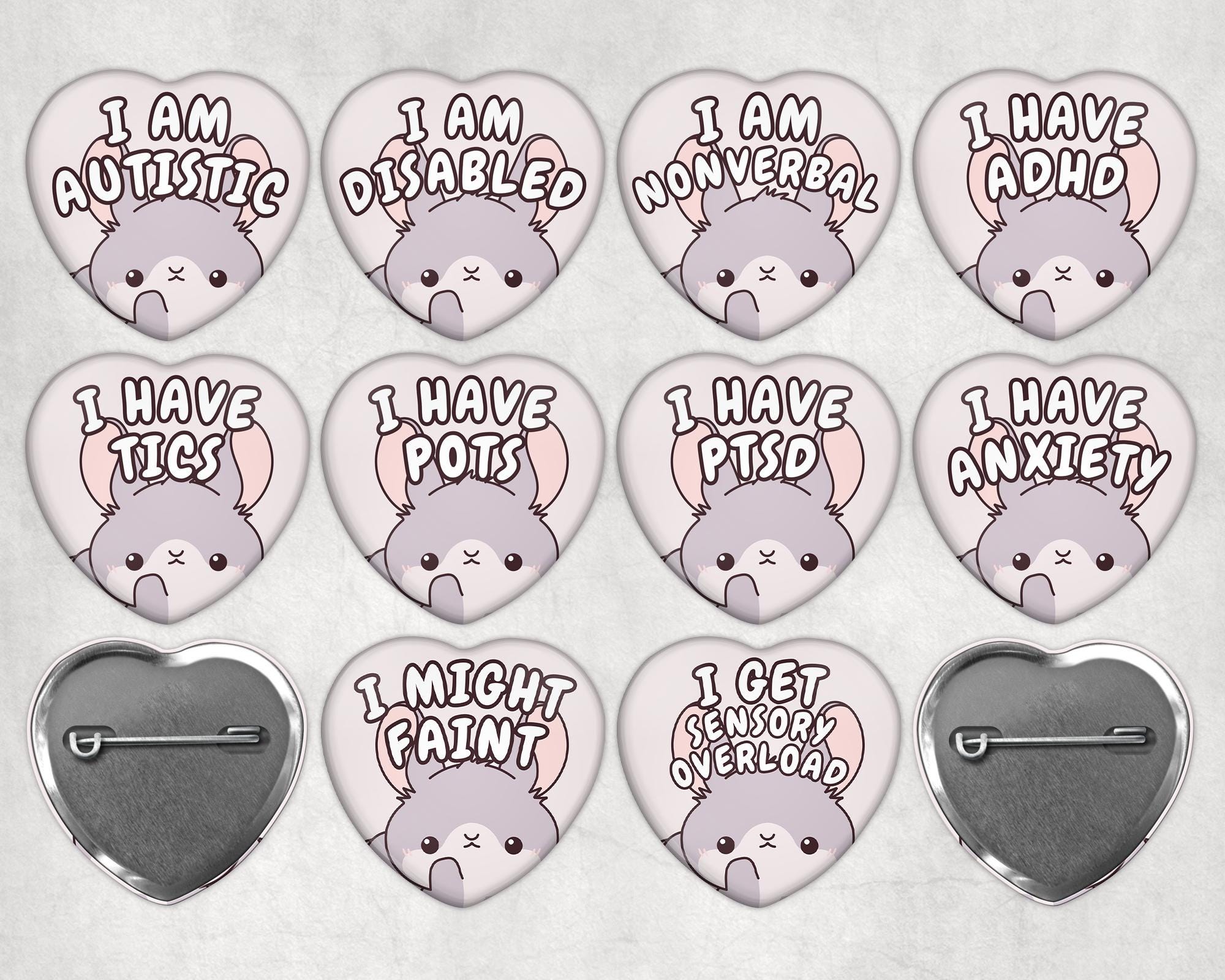 Heart Shaped Disability Buttons | Chronic Illness Pins | Anxiety, PTSD, POTS, Nonverbal ...