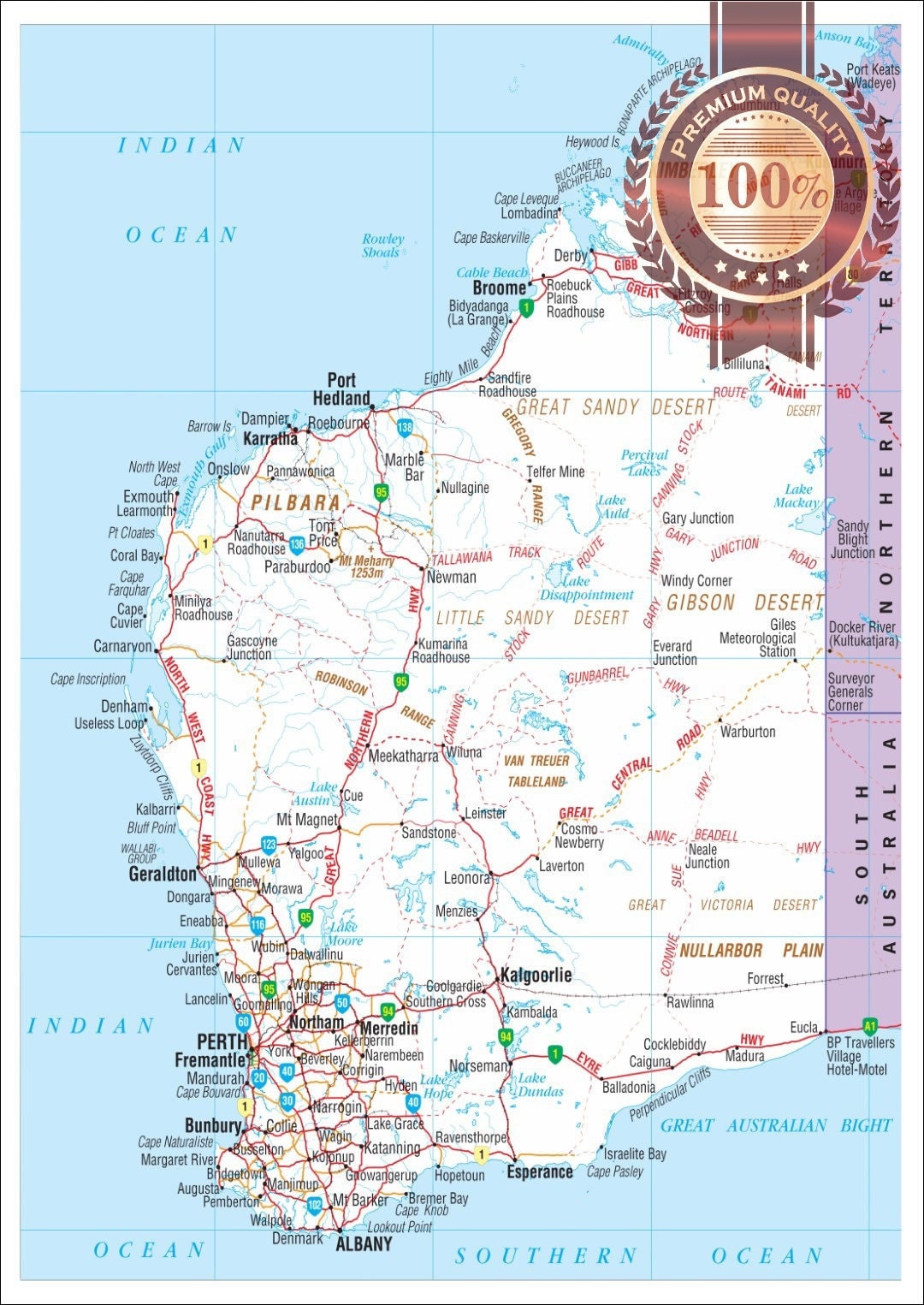 Detailed Map of Western Australia WA Aus Australian Roads Premium ...