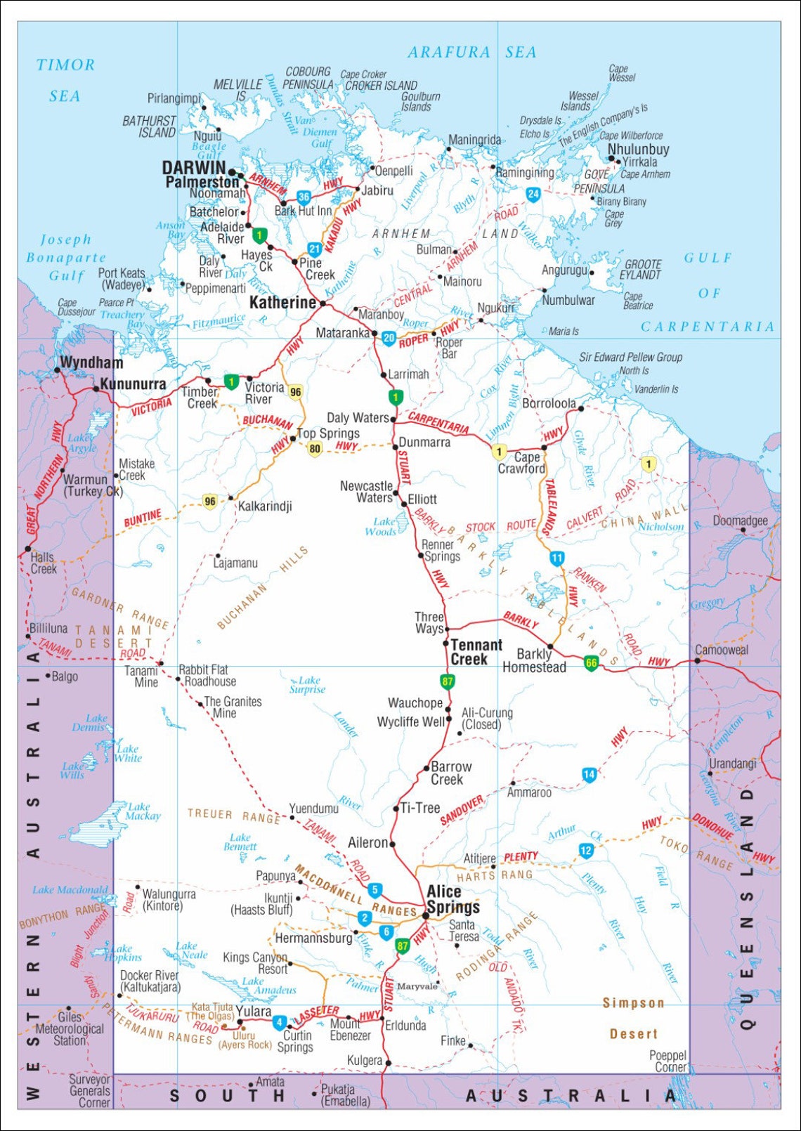 Detailed Map of Northern Territory NT Aus Australian Roads Premium ...