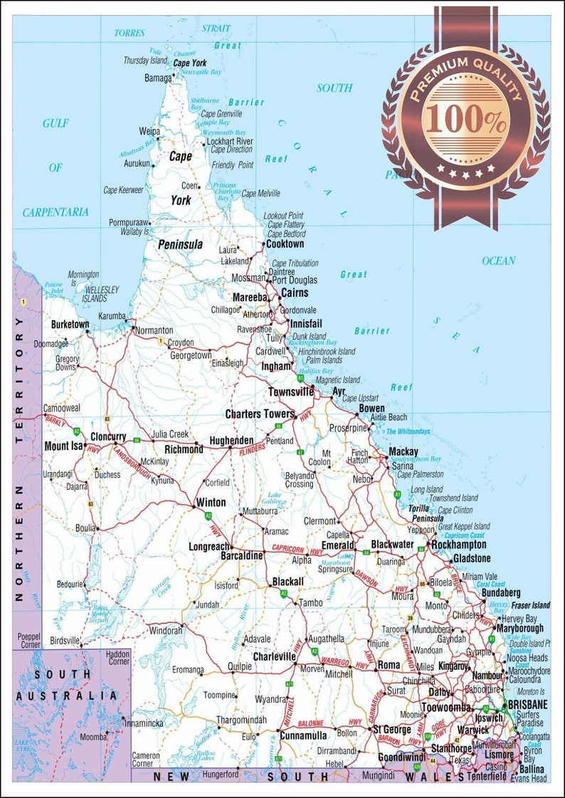 Detailed Map of Queensland Qld Aus Australian Roads Premium Waterproof ...