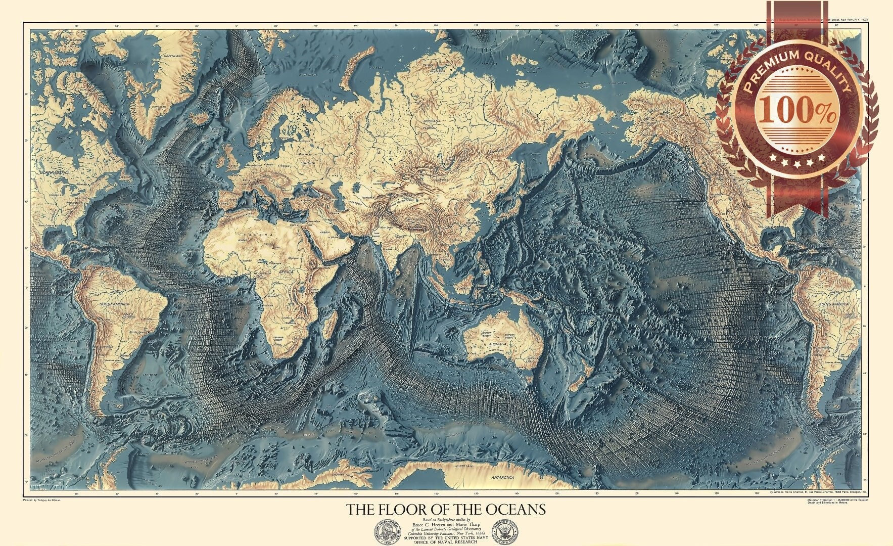 The Floor of the Oceans Premium Waterproof Tear Proof Poster Map Survey ...