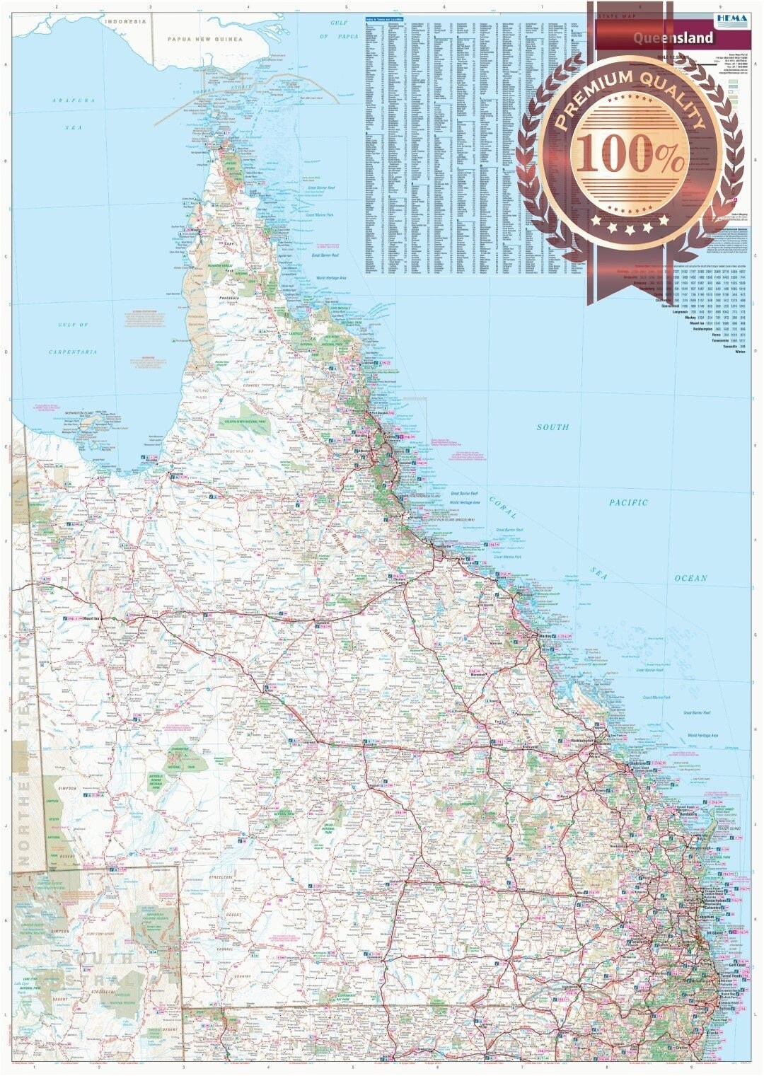 Hema Detailed Map of Queensland Poster Qld Aus Australian Roads Premium ...