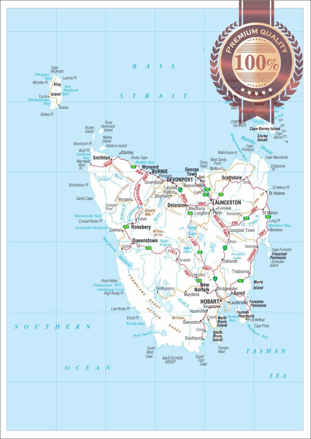 Detailed Map of Tasmania Tas Aus Australian Roads Premium Waterproof ...