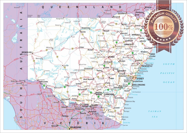 Detailed Map of New South Wales NSW Aus Australian Roads Premium ...