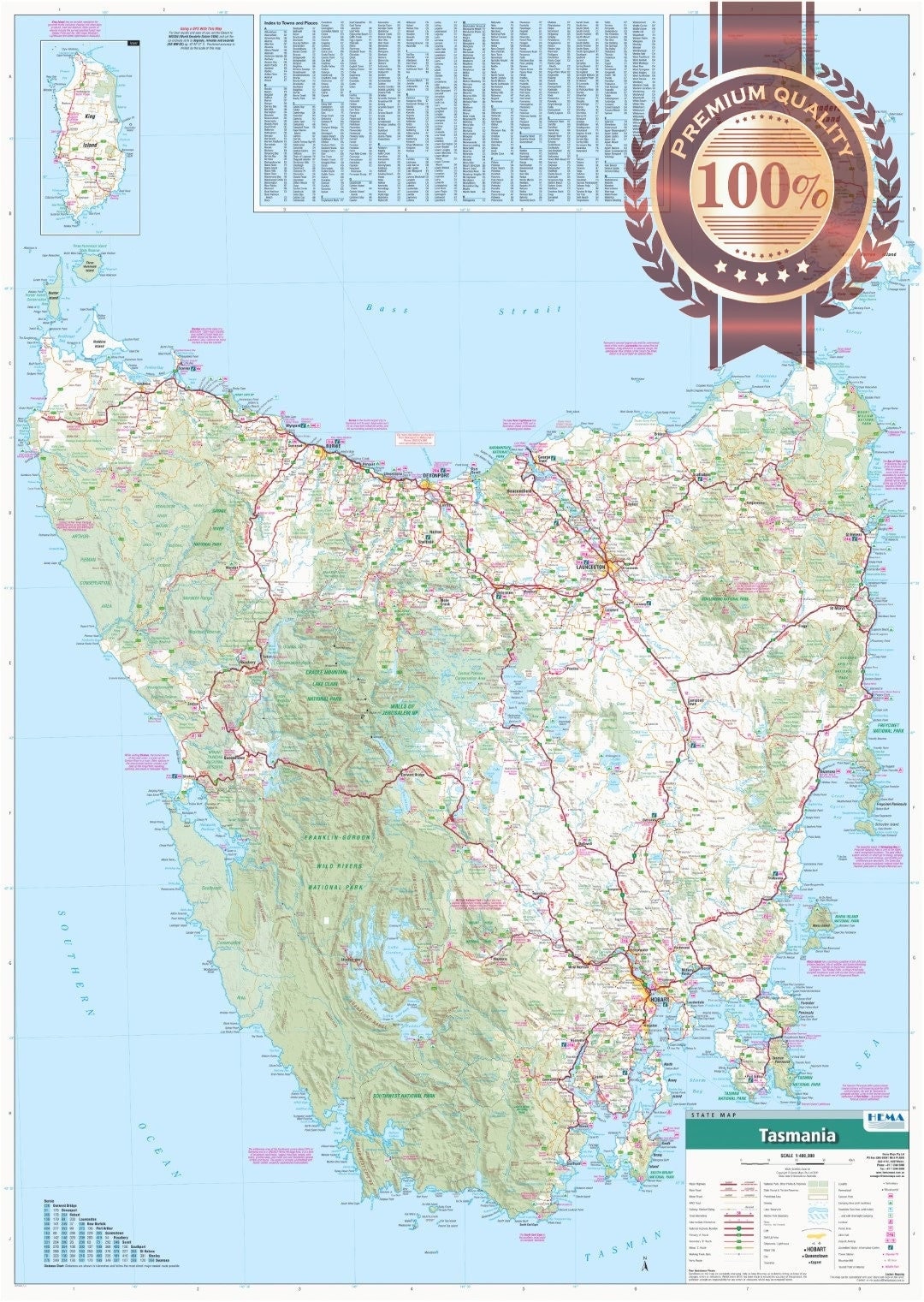 Hema Detailed Map of Tasmania Poster Tas Aus Australian Roads Premium ...