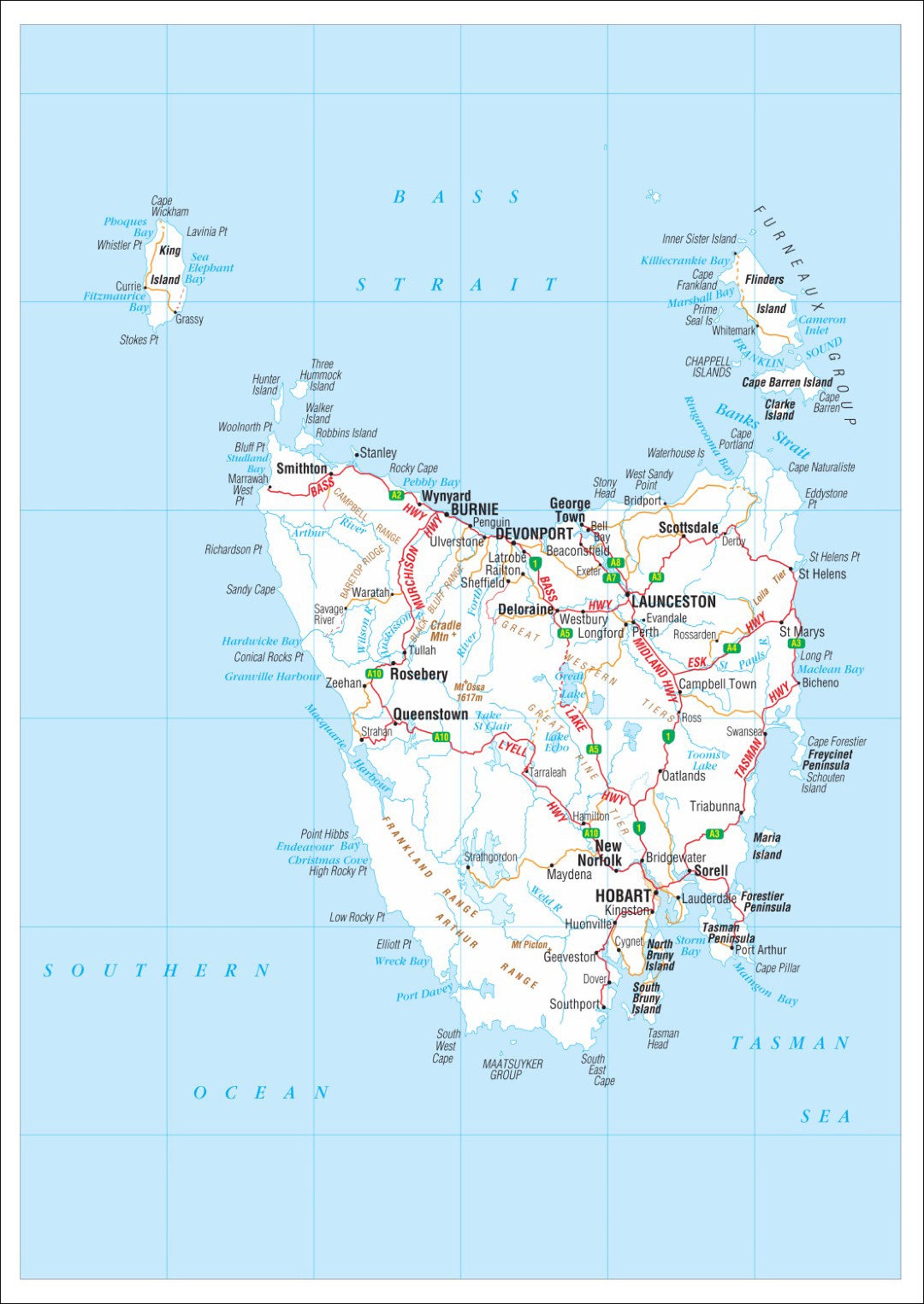 Detailed Map of Tasmania Tas Aus Australian Roads Premium Waterproof ...