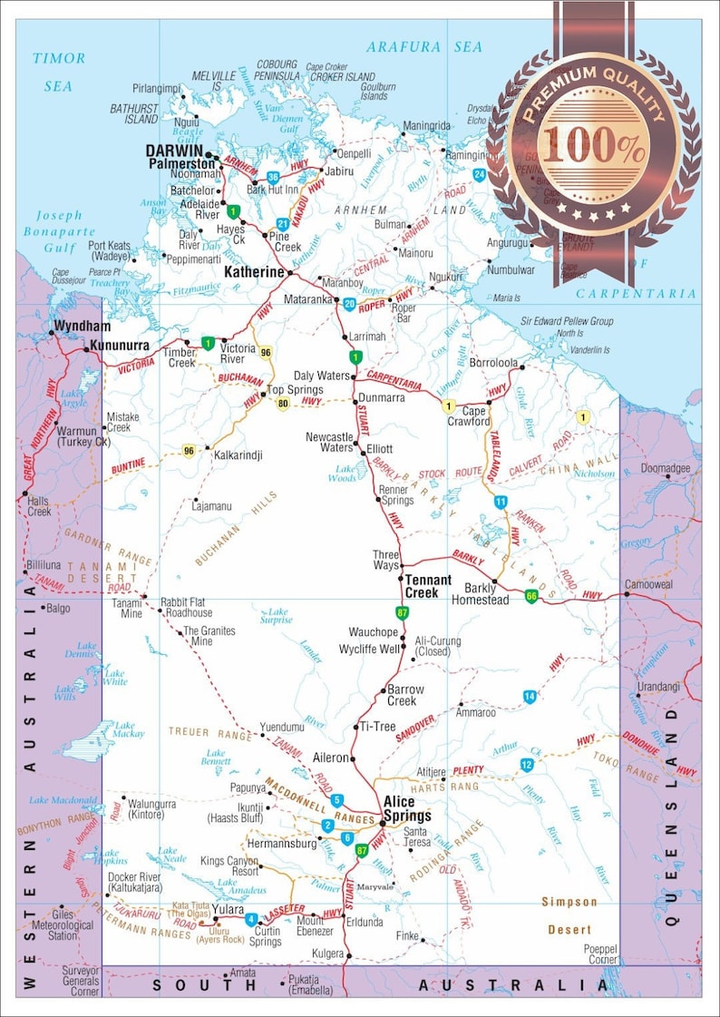 Detailed Map of Northern Territory NT Aus Australian Roads Premium ...