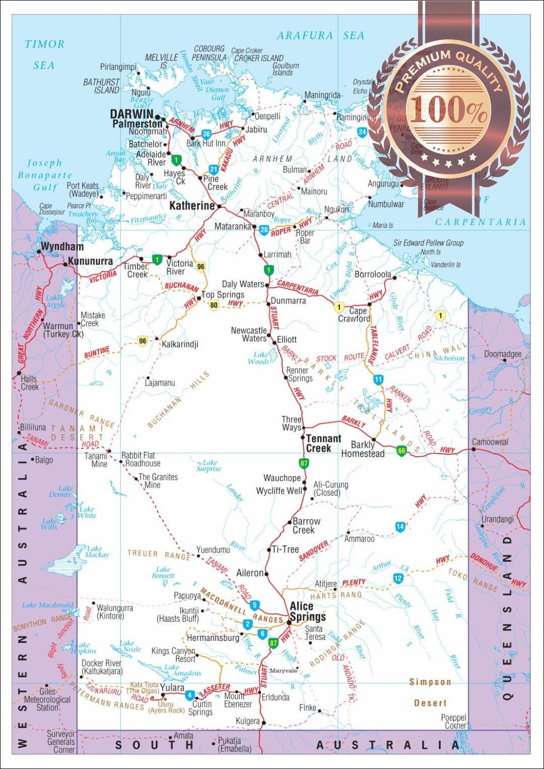 Detailed Map of Northern Territory NT Aus Australian Roads Premium ...
