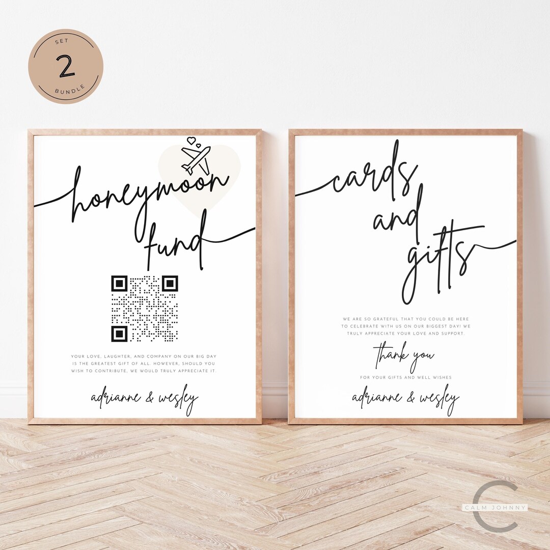 Honeymoon Fund QR Code & Cards and Gifts Sign, Editable Wishing Well ...