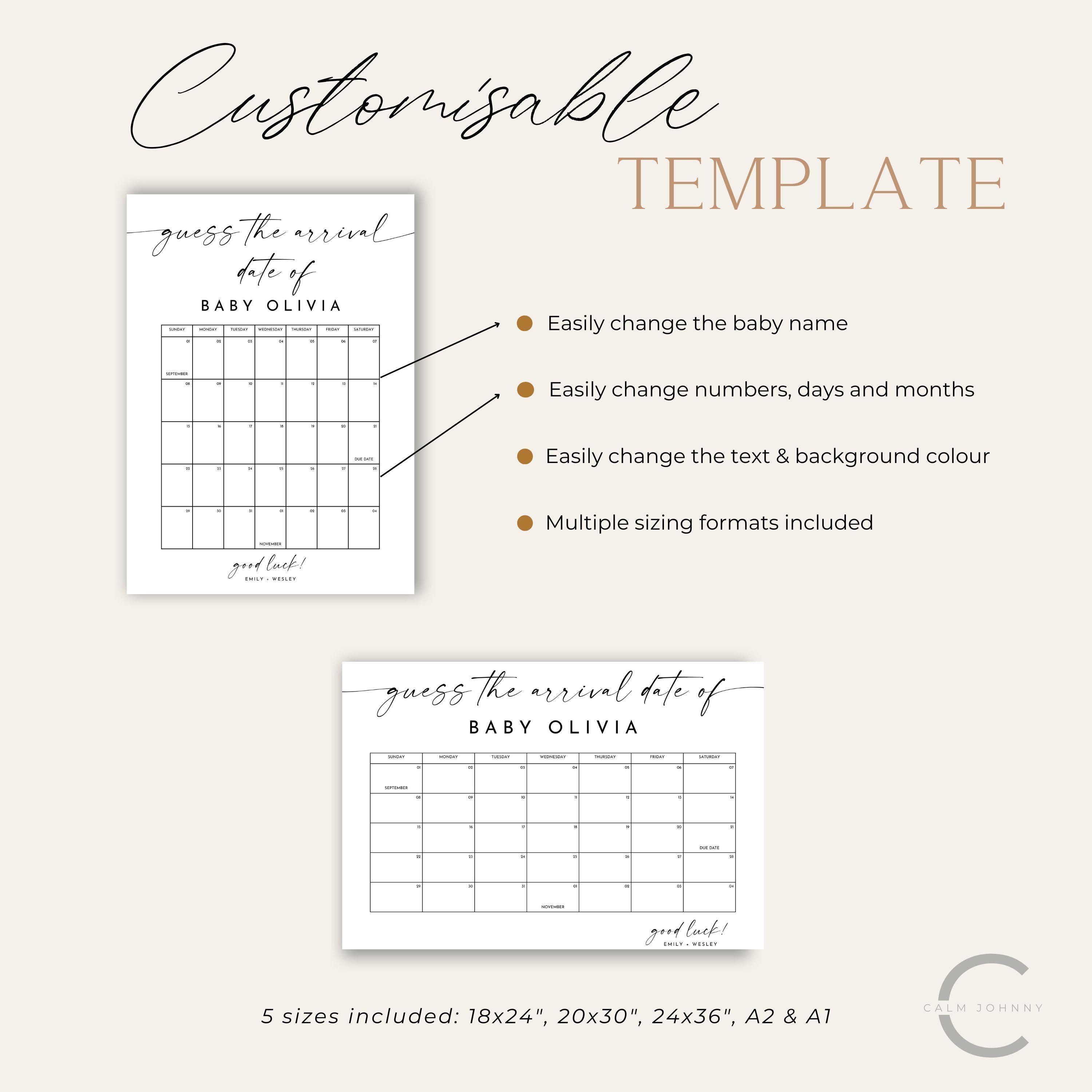 Baby Due Date Calendar Sign, Personalized Guess Babys Birthday Game ...
