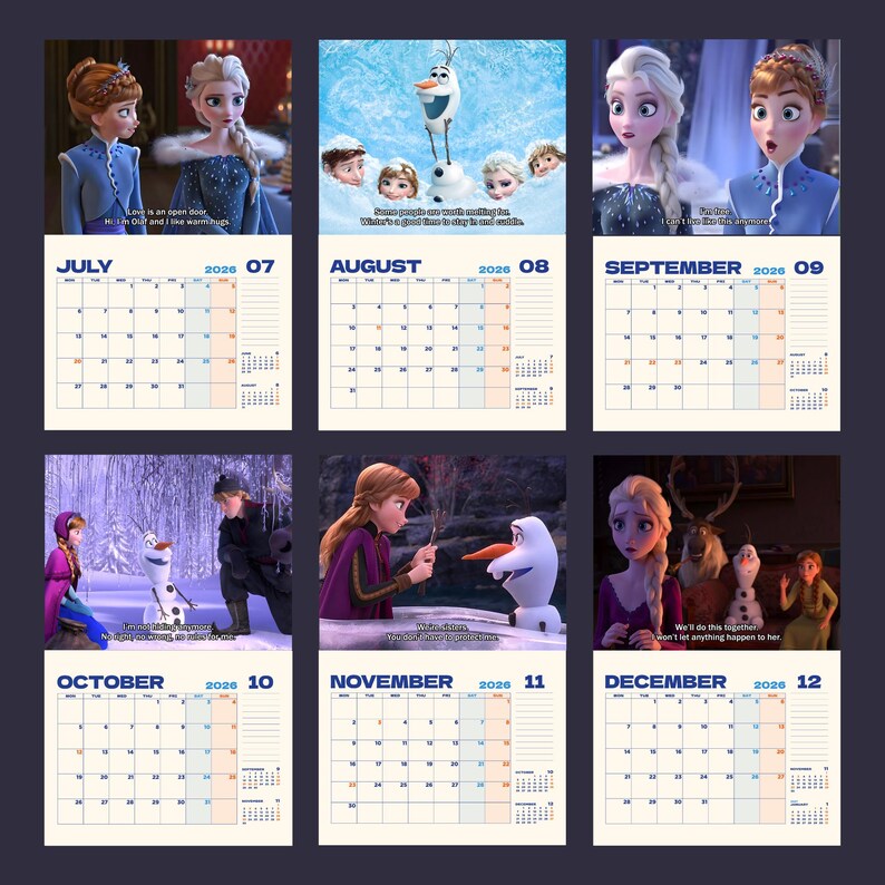 Frozen 2026 Wall Calendar, Disney Frozen Room Decor, Winter Princess ...