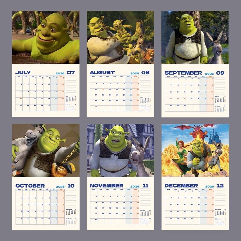 Shrek Calendar 2026, Shrek Wall Calendar, New Year Room Decor, Fairy ...