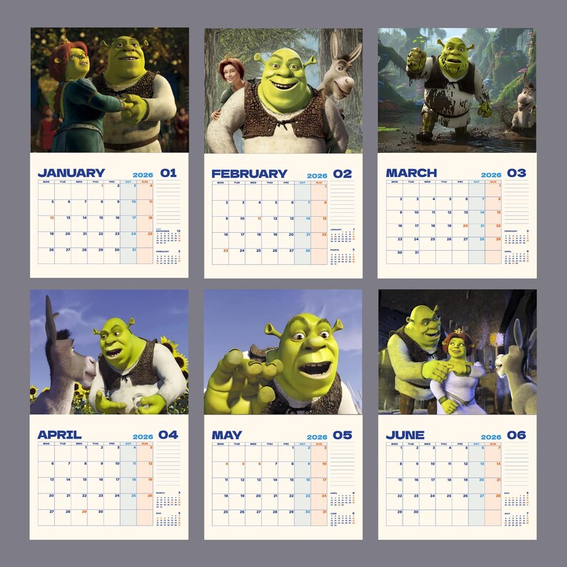 Shrek Calendar 2026, Shrek Wall Calendar, New Year Room Decor, Fairy ...