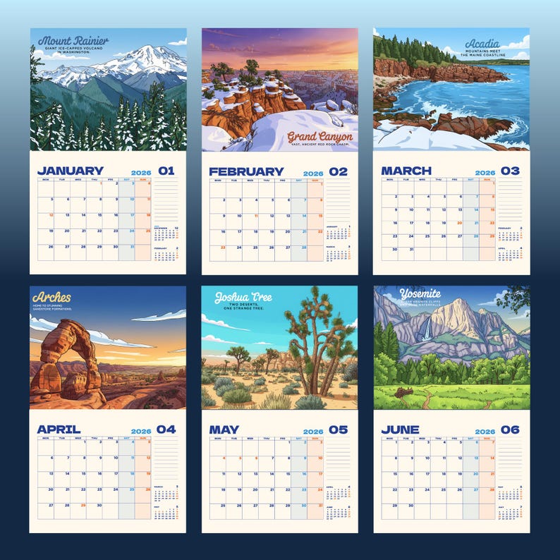 2026 National Parks Calendar, Vintage Travel Poster Monthly Wall ...