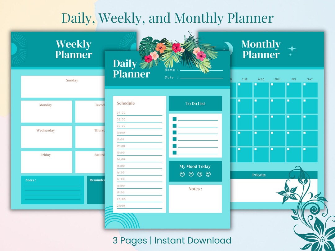 Daily, Weekly, and Monthly Planner, Printable Planner, Planner Digital ...