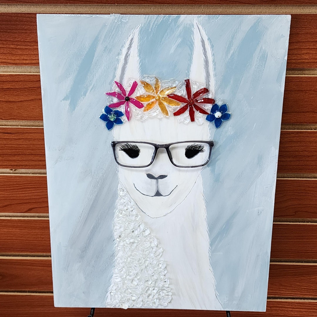 Llama With Glasses and Flowers Glass and Resin Art 12"x16"x1/2" Wood ...