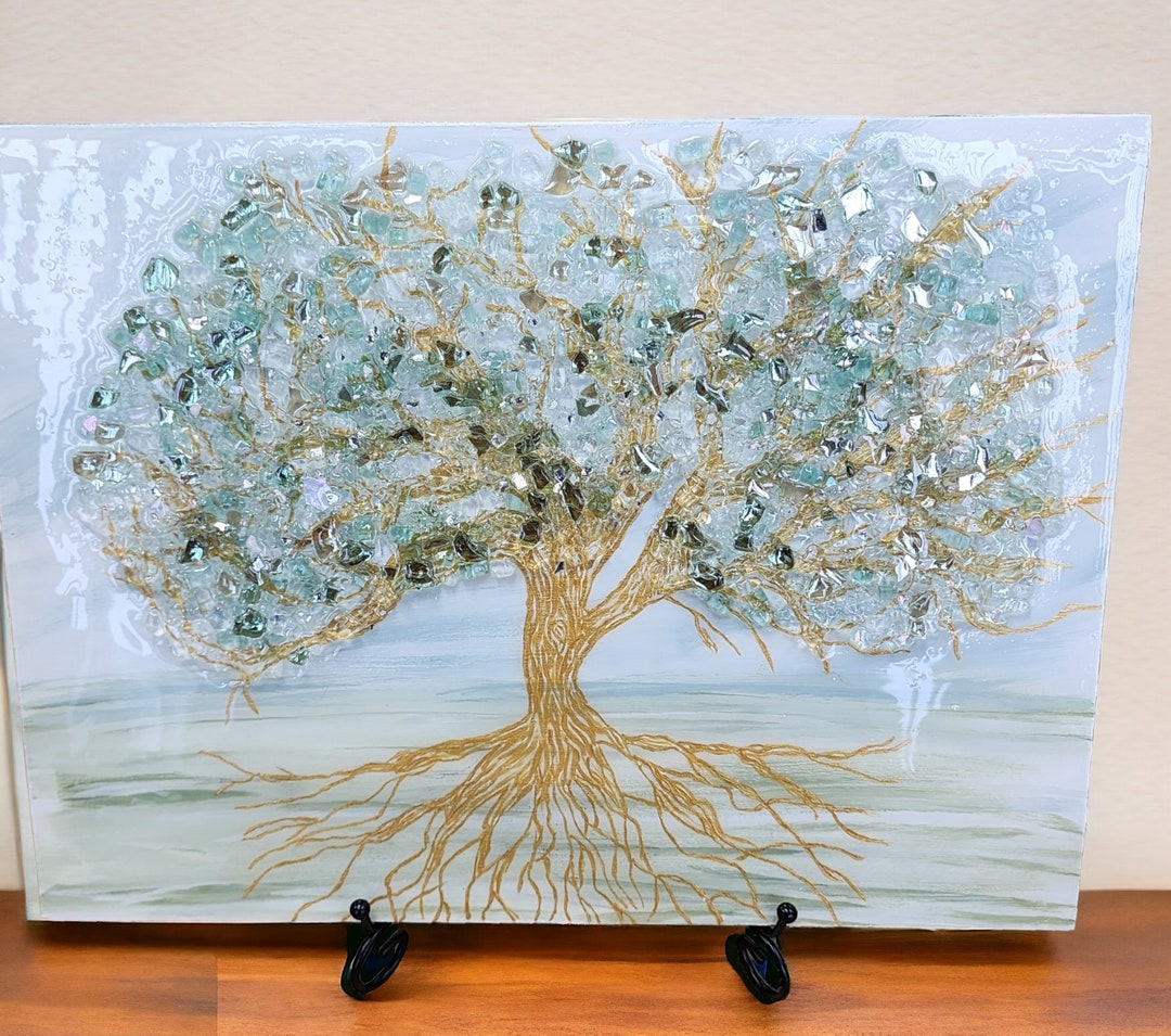 Tree of Life Glass and Resin Art 12"x16"x1/2" Wood Crushed Glass Tree ...