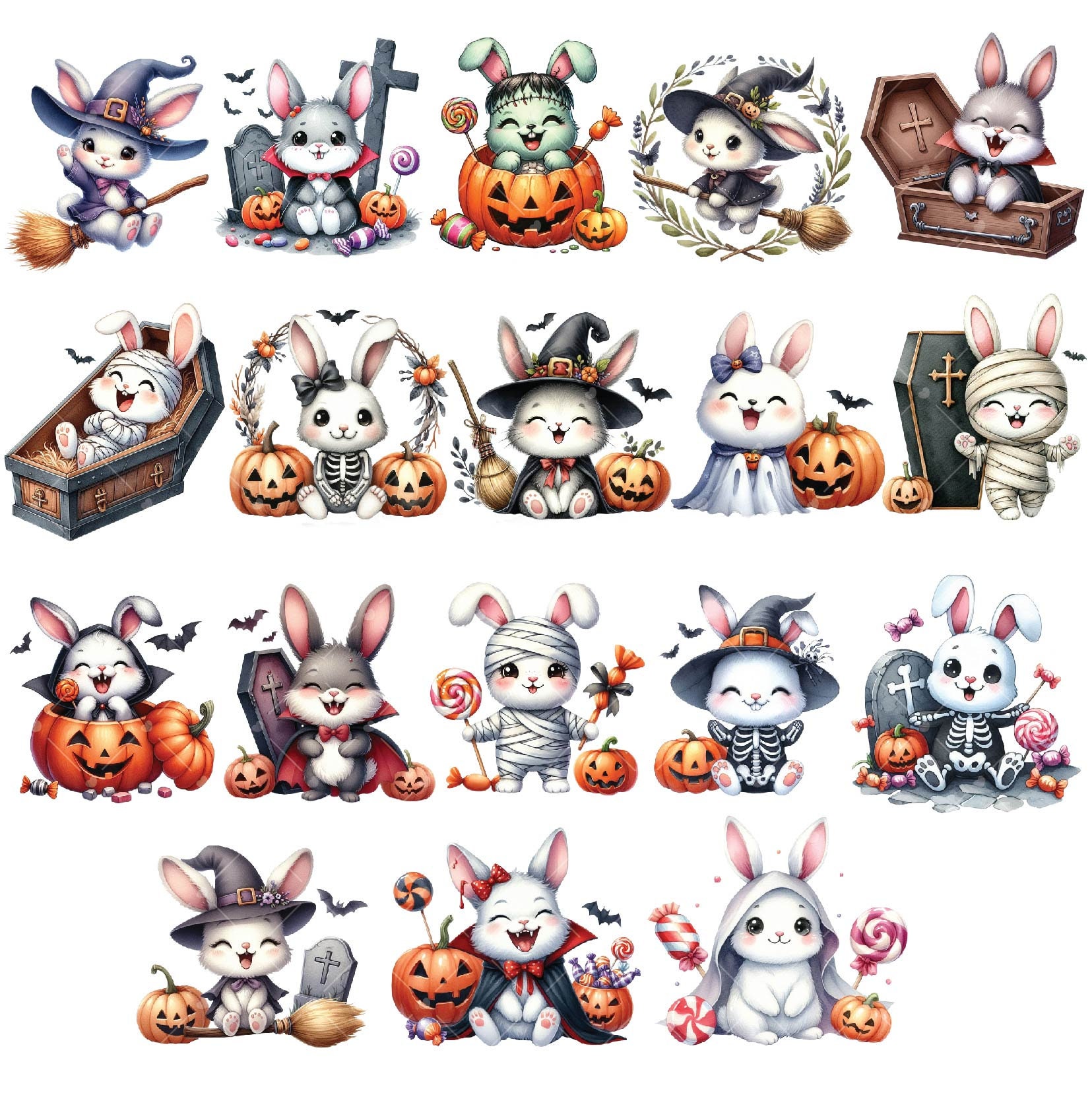 Adorable Bunny Halloween Clipart, Watercolor Bunny Halloween ...