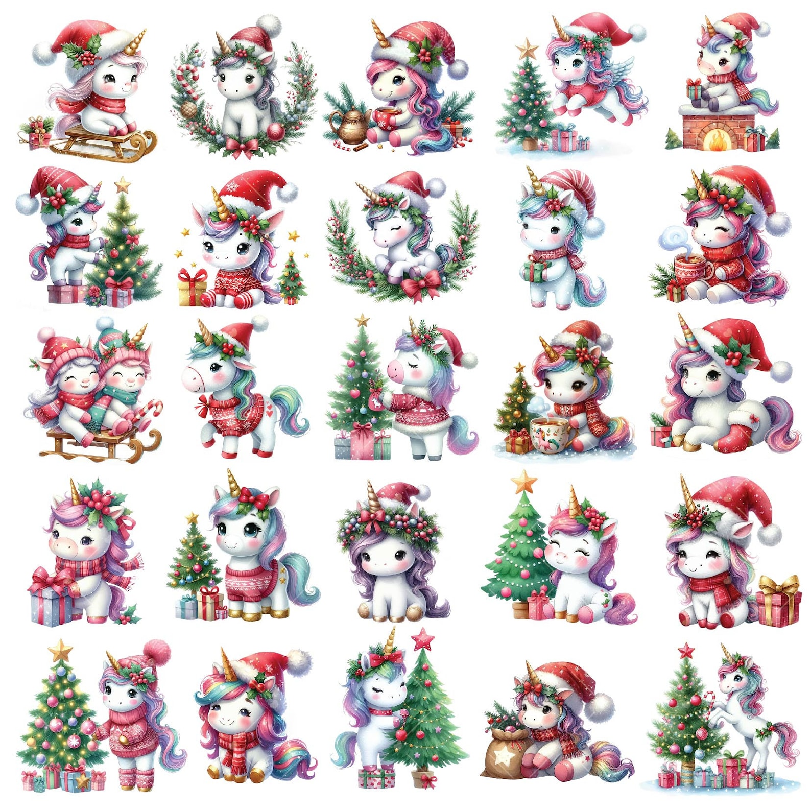 Adorable Unicorn Christmas Clipart, Watercolor Unicorn Christmas ...