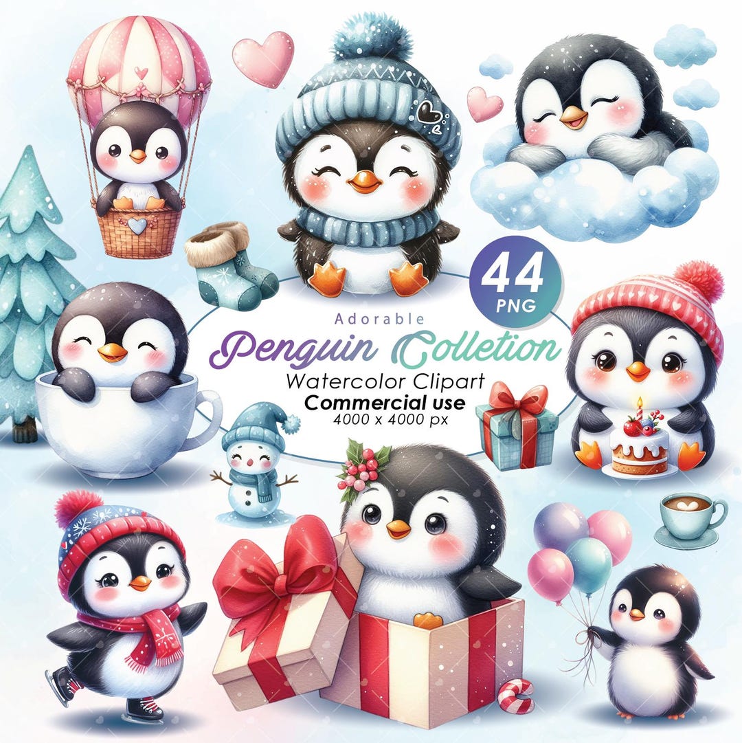 Adorable Cute Penguin Clipart, Watercolor Cute Penguin Illustration ...