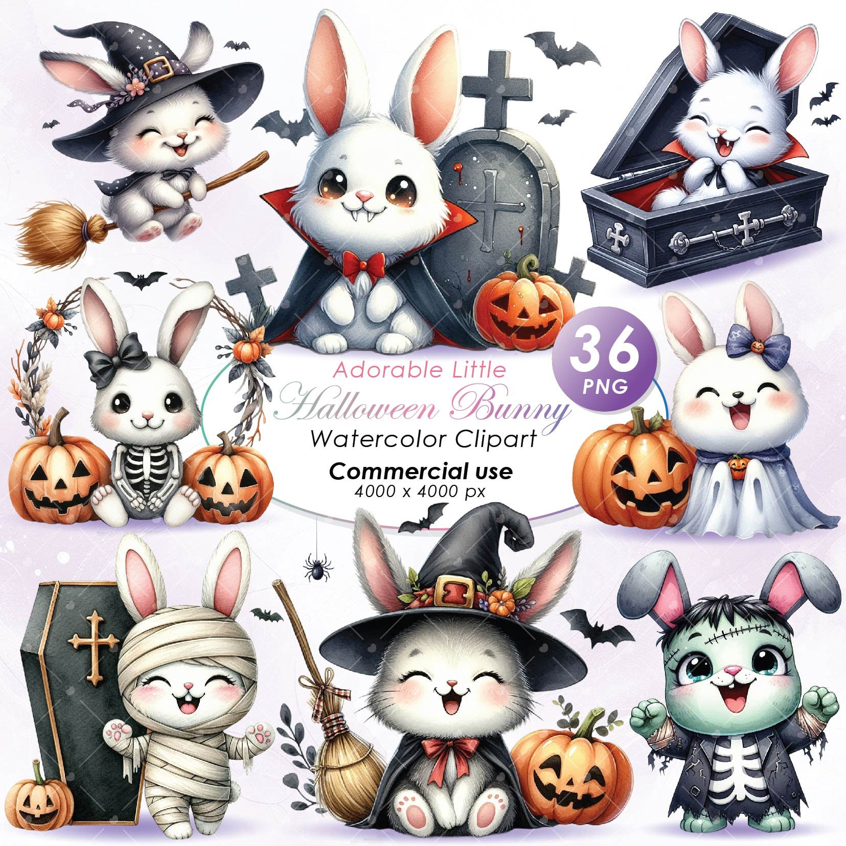 Adorable Bunny Halloween Clipart, Watercolor Bunny Halloween ...