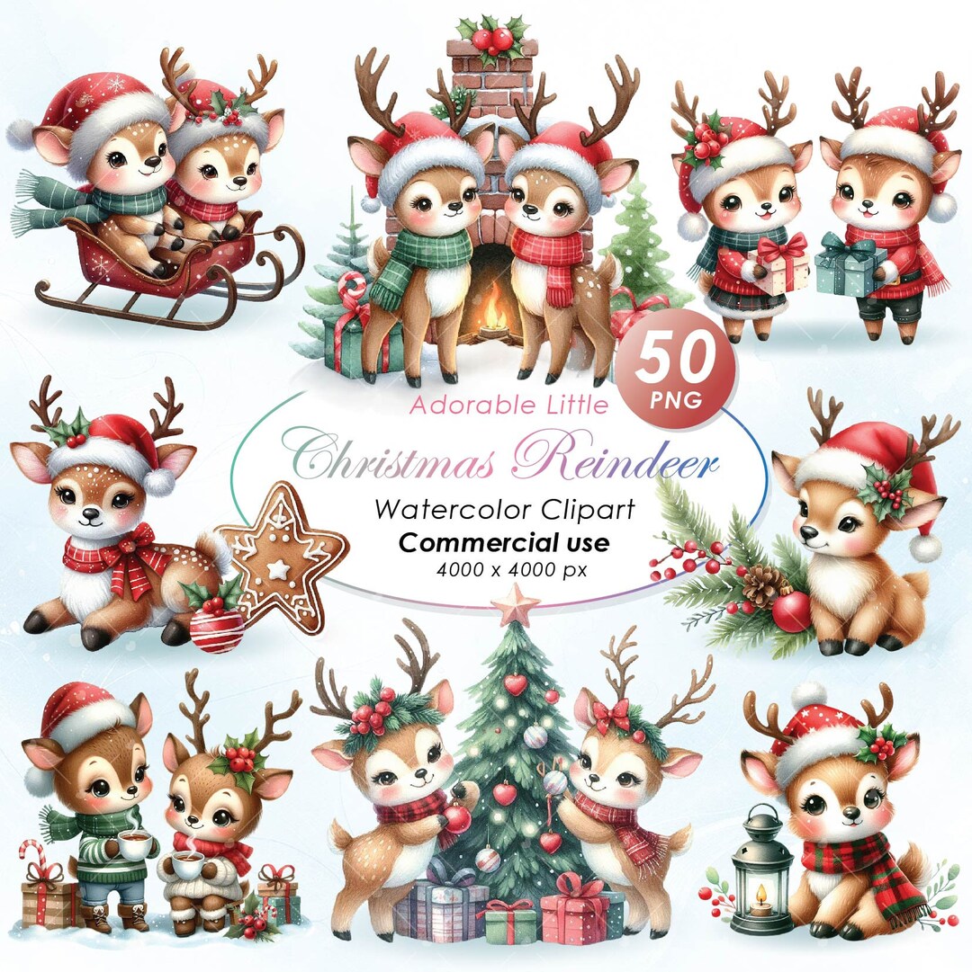 Adorable Reindeer Christmas Clipart, Watercolor Reindeer Christmas ...