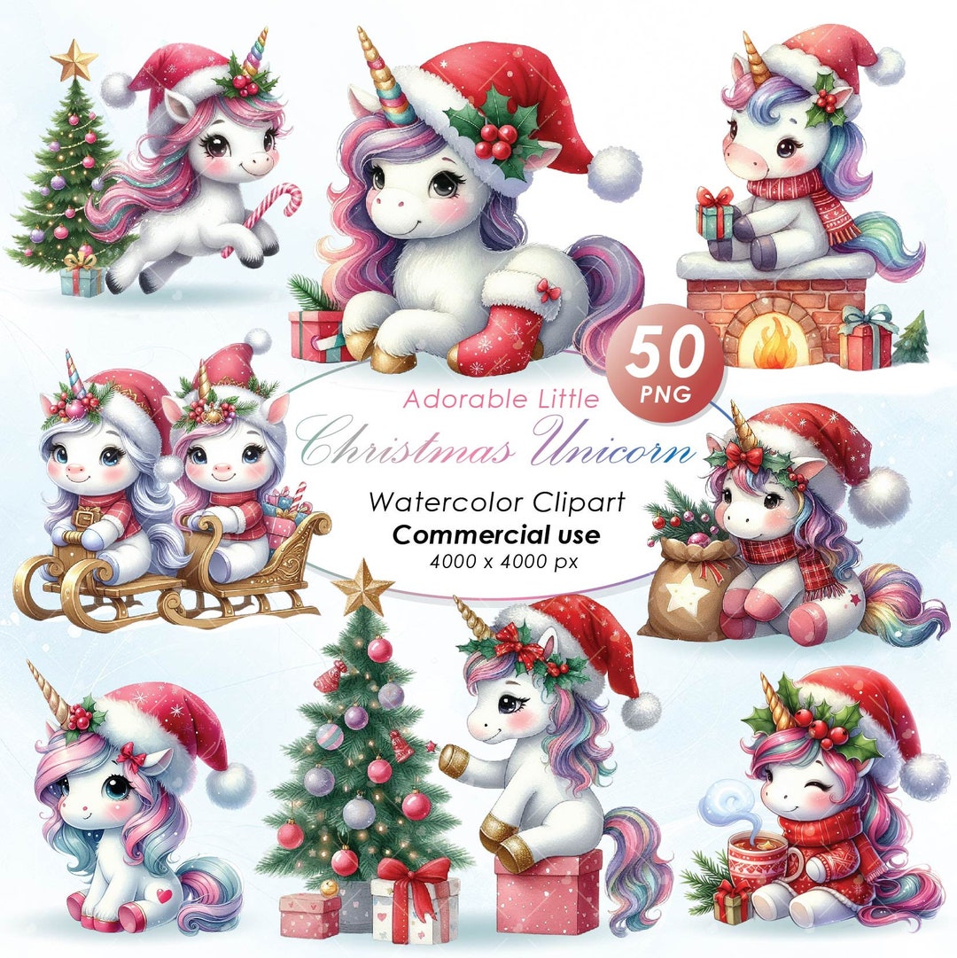 Adorable Unicorn Christmas Clipart, Watercolor Unicorn Christmas ...