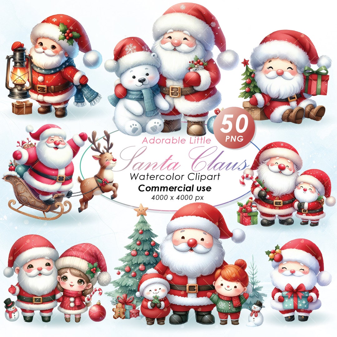Adorable Santa Claus Christmas Clipart, Watercolor Santa Claus ...