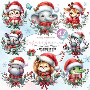 Adorable Safari Animals Christmas Clipart, Watercolor Safari Animals ...