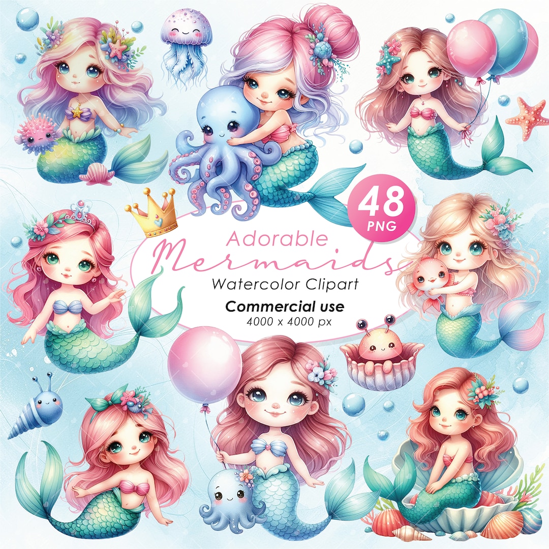 Adorable Little Mermaid Clipart, Watercolor Mermaid Illustration ...