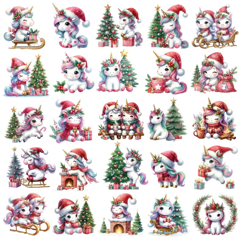Adorable Unicorn Christmas Clipart, Watercolor Unicorn Christmas ...
