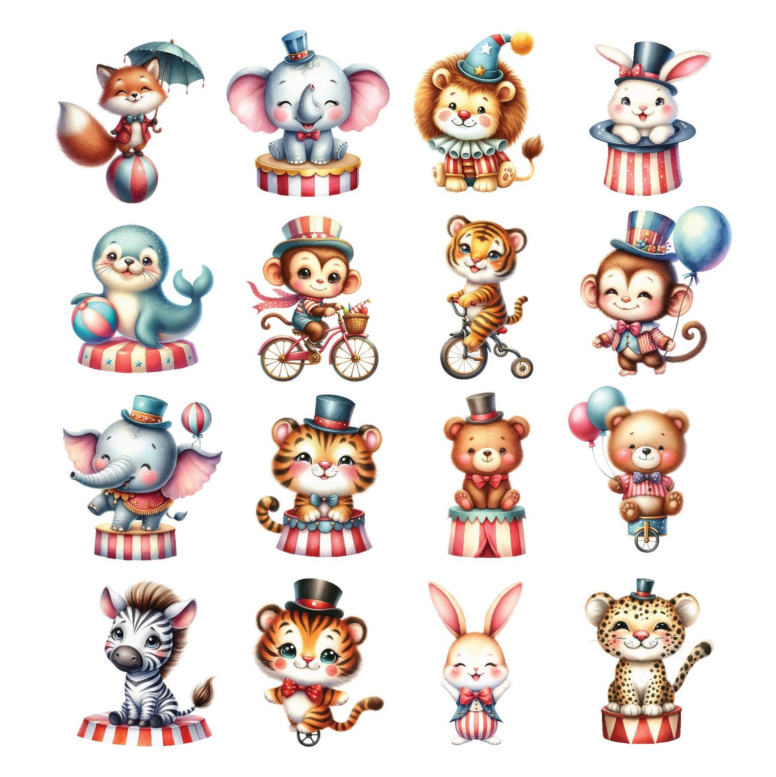 Adorable Cute Circus Animals Clipart, Watercolor Cute Circus Animals ...