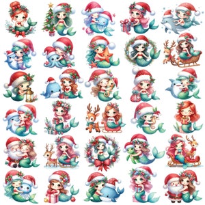Adorable Mermaid Christmas Clipart, Watercolor Mermaid Christmas ...